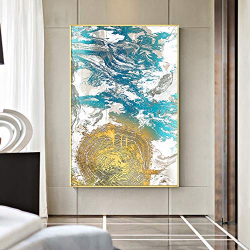 Abstract Blue with Gold Paintings Hand Painted Oil Painting On Canvas Fashion Modern Wall Art for Living Room,31inx47in,No Frame