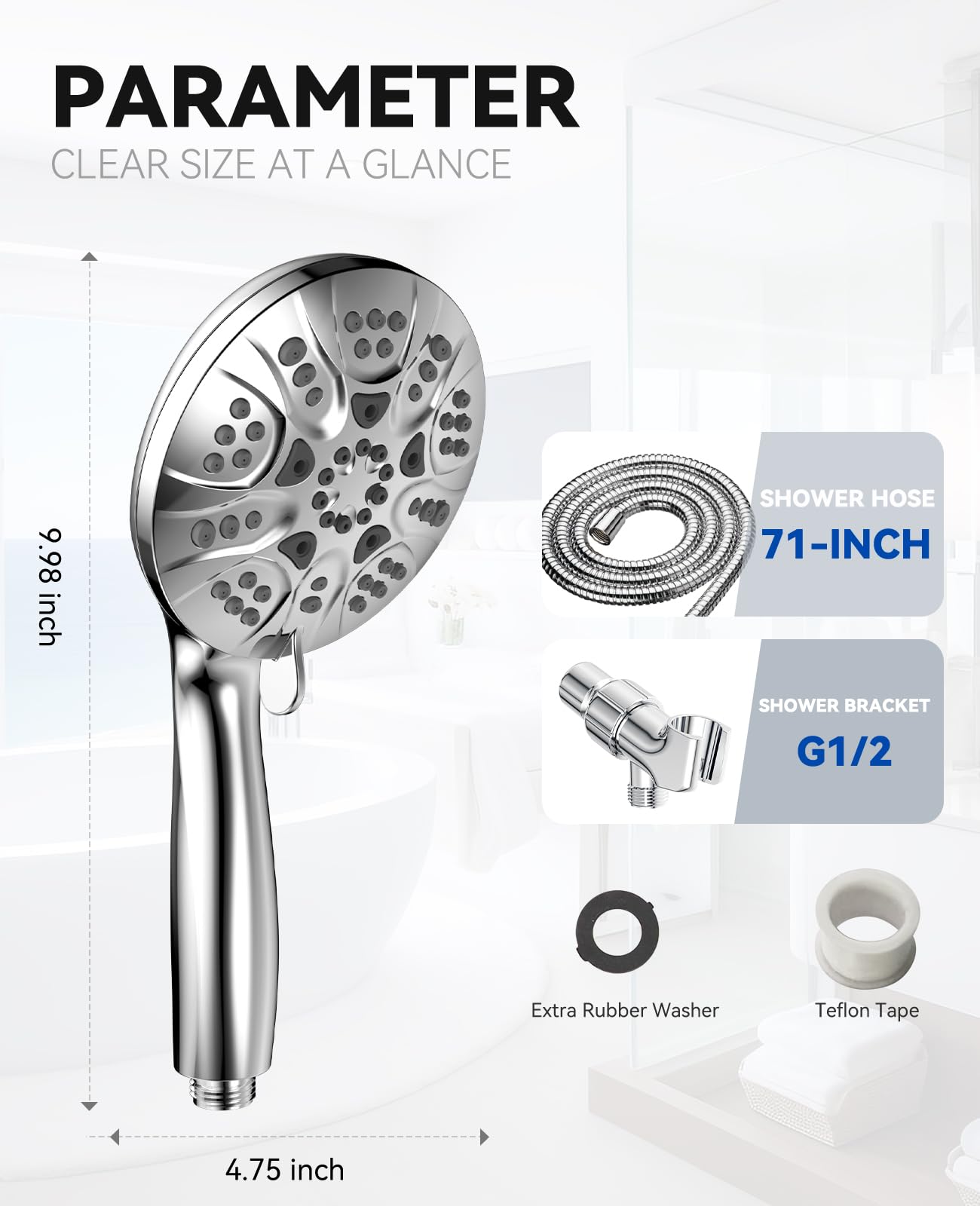 JDO Shower Head with Handheld, High Pressure Handheld Shower Head 7 Settings, Detachable Shower Head Set with Stainless Steel Hose and Shower Bracket (Chrome)