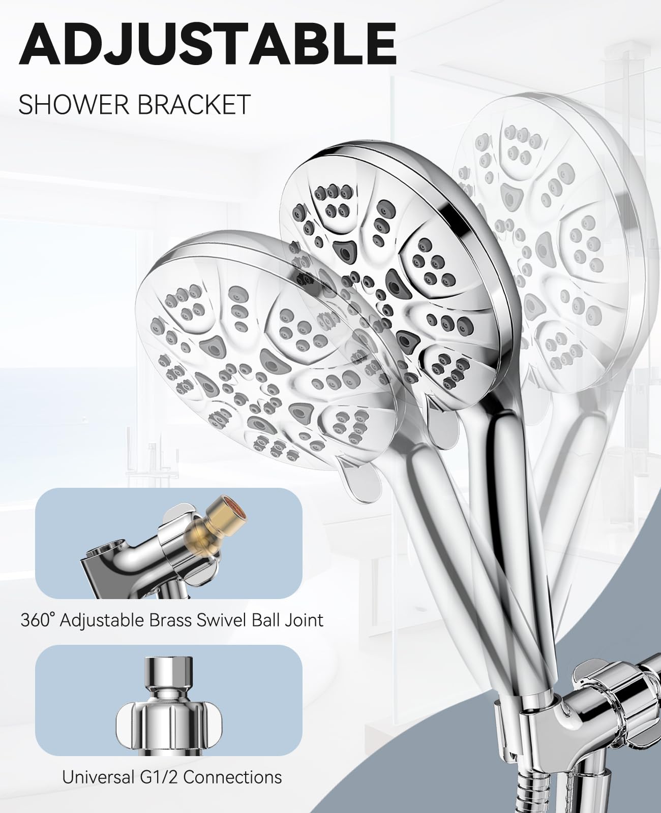 JDO Shower Head with Handheld, High Pressure Handheld Shower Head 7 Settings, Detachable Shower Head Set with Stainless Steel Hose and Shower Bracket (Chrome)