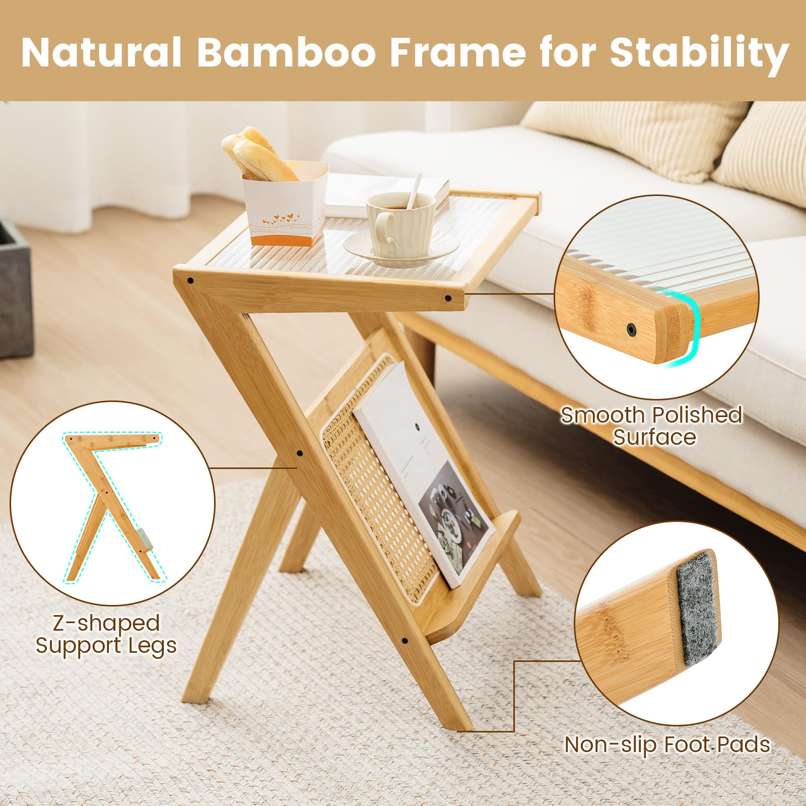 GOFLAME Rattan Side Table Set of 2, Z-shaped End Table with Tempered Glass Top, Magazine Rack, Boho Night Stand, Small Coffee Table, Bamboo Accent Bedside Table for Living Room, Bedroom, Natural