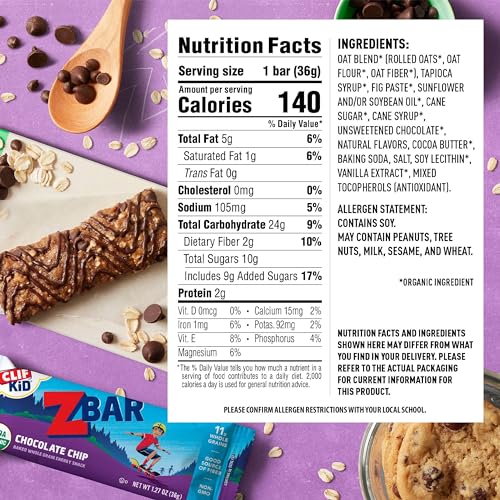 CLIF Kid Zbar - Chocolate Chip - Soft Baked Whole Grain Snack Bars - USDA Organic - Non-GMO - Plant-Based - 1.27 oz. (24 Pack)