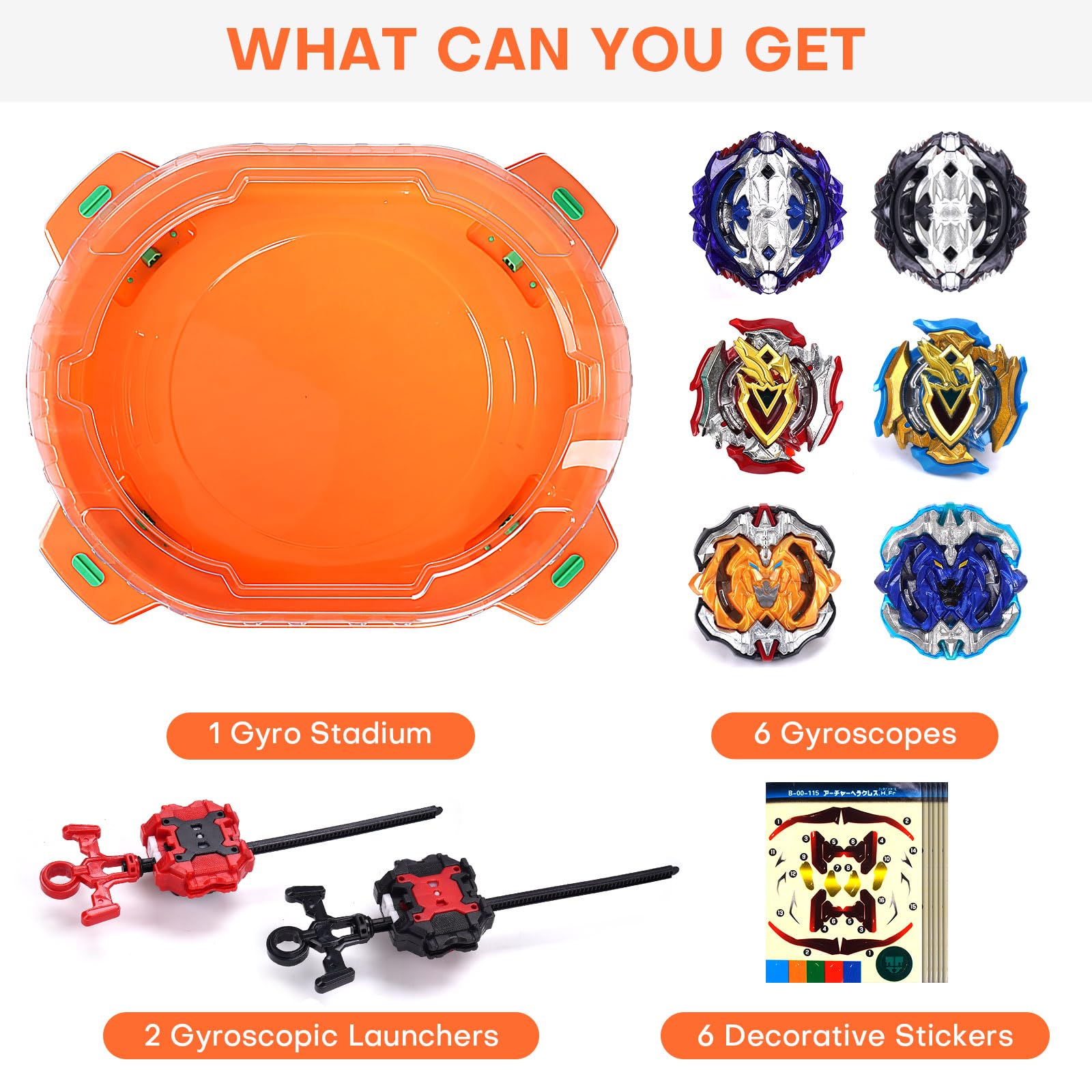 COCOFOX Bey Battling Top Burst Toy Blade Set, 6 Battling Tops 2 Launchers and 1 Stadium, Toys for 6 Year Old Boys & Girls & Up（Orange）