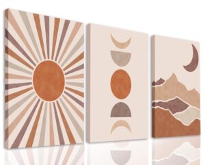 boho wall art prints, boho wall decor, mid century modern wall art set of 3 abstract geometric prints beige terracotta minimalist art, canvas framed wall art for living room bedroom 16"x24"