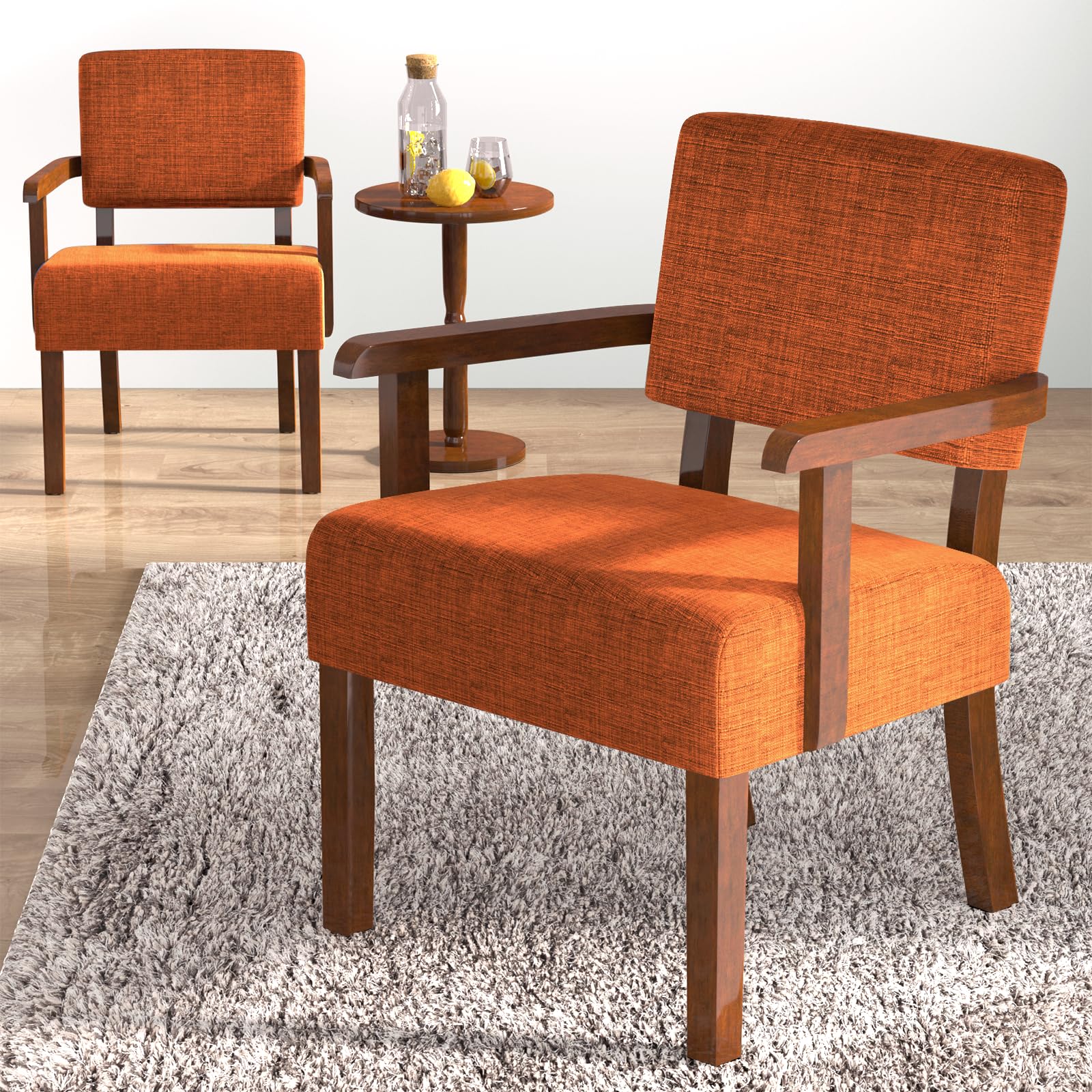 FAGAGA Accent Chair Set of 2 with Table, Living Room Chairs with Soft Seat and Armrests for Living Room Bedroom Reading Room Waiting Room (Orange), Linen, AC01