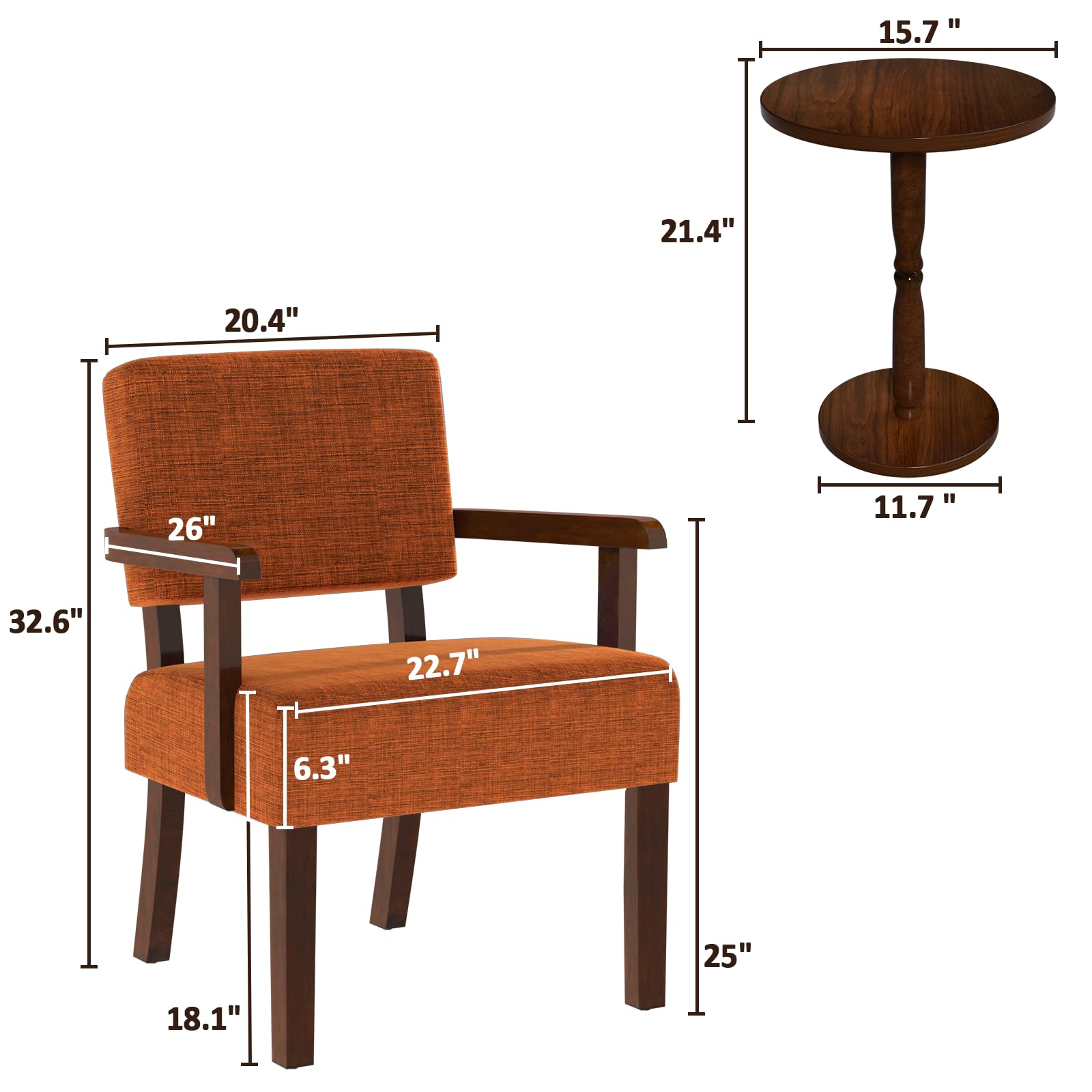 FAGAGA Accent Chair Set of 2 with Table, Living Room Chairs with Soft Seat and Armrests for Living Room Bedroom Reading Room Waiting Room (Orange), Linen, AC01