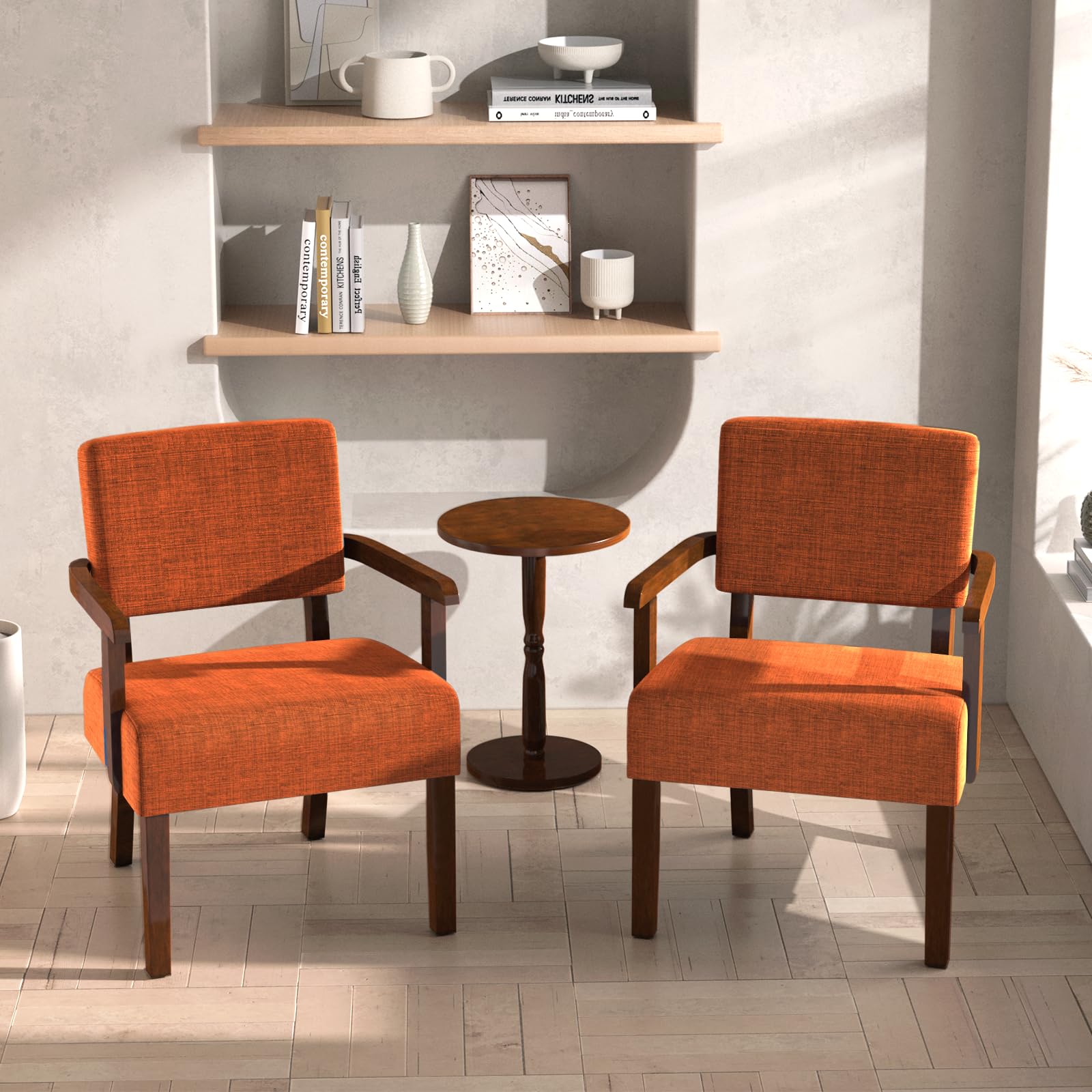 FAGAGA Accent Chair Set of 2 with Table, Living Room Chairs with Soft Seat and Armrests for Living Room Bedroom Reading Room Waiting Room (Orange), Linen, AC01