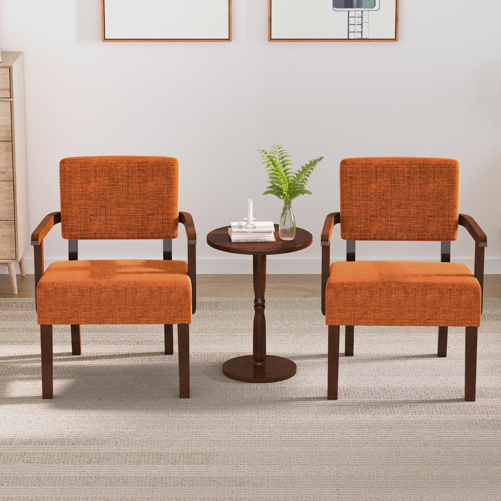 FAGAGA Accent Chair Set of 2 with Table, Living Room Chairs with Soft Seat and Armrests for Living Room Bedroom Reading Room Waiting Room (Orange), Linen, AC01