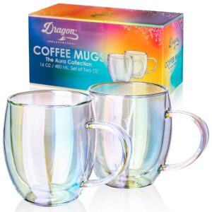 dragon glassware double walled glass coffee mugs - 16 oz, set of 2 glass coffee cups to keep beverages hot or cold longer - iridescent double walled glass coffee cups