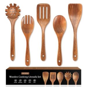 5 pcs wooden spoons for cooking natural teak kitchen utensils smooth non-stick surface cooking utensils set soft comfort-grip wooden utensils for cooking