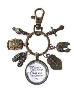 unisex christian keychain, purse charm, zipper pull with i can do all things through christ and armor of god tibetan bronze charms