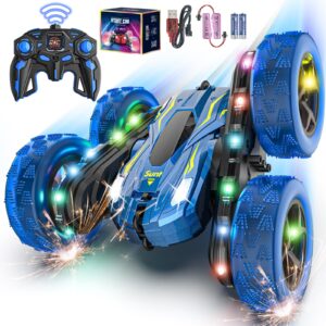 qmunst remote control car, rc cars with flowing lights、wheel lights and headlights, 2.4ghz 4wd fast rc car, 360° flips double sided driving race car, rc drift cars for boys girls birthday gift, blue