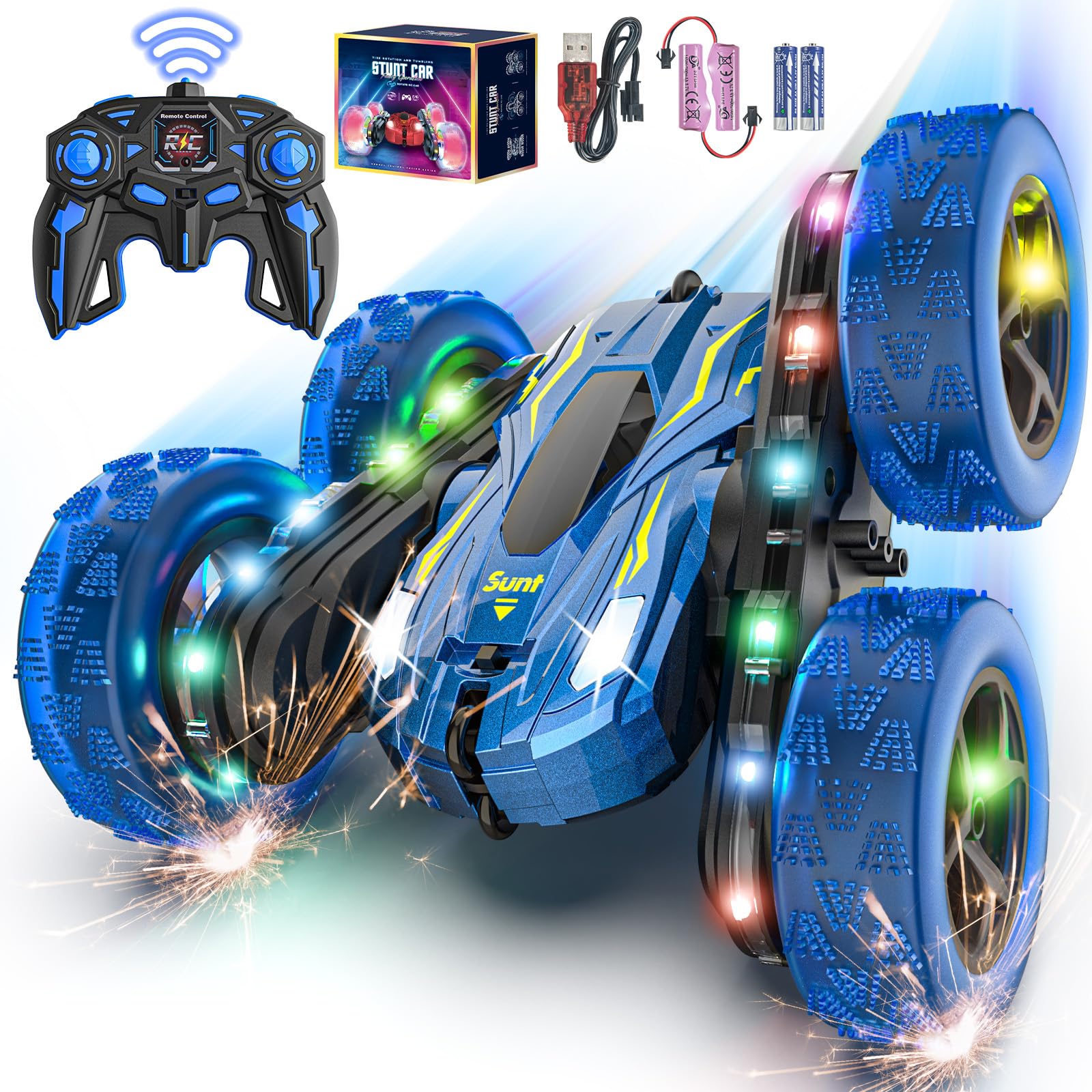 QMUNST Remote Control Car, Rc Cars with Flowing Lights、Wheel Lights and Headlights, 2.4GHZ 4WD Fast Rc Car, 360° Flips Double Sided Driving Race Car, Rc Drift Cars for Boys Girls Birthday Gift, Blue