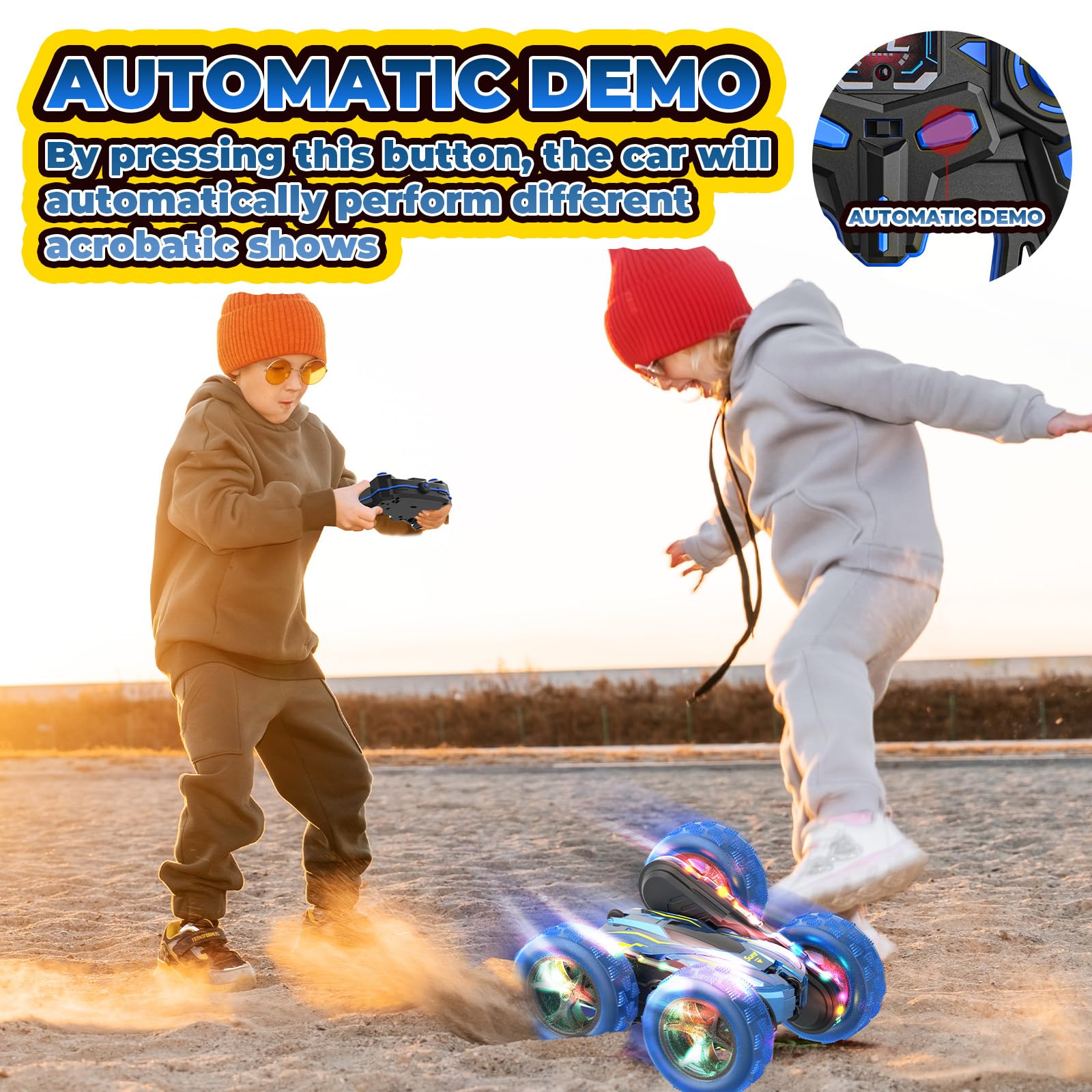 QMUNST Remote Control Car, Rc Cars with Flowing Lights、Wheel Lights and Headlights, 2.4GHZ 4WD Fast Rc Car, 360° Flips Double Sided Driving Race Car, Rc Drift Cars for Boys Girls Birthday Gift, Blue