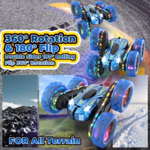 QMUNST Remote Control Car, Rc Cars with Flowing Lights、Wheel Lights and Headlights, 2.4GHZ 4WD Fast Rc Car, 360° Flips Double Sided Driving Race Car, Rc Drift Cars for Boys Girls Birthday Gift, Blue