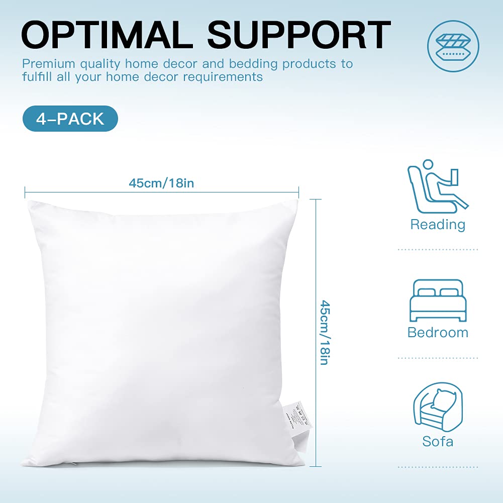 OTOSTAR 18x18 Pillow Inserts Throw Pillow Inserts Set of 4 18 x 18 Inches Bedding Pillow Inserts Square White Decorative Throw Pillows Form Pillow Stuffer for Couch Sofa Bed Pillow Filler (White)