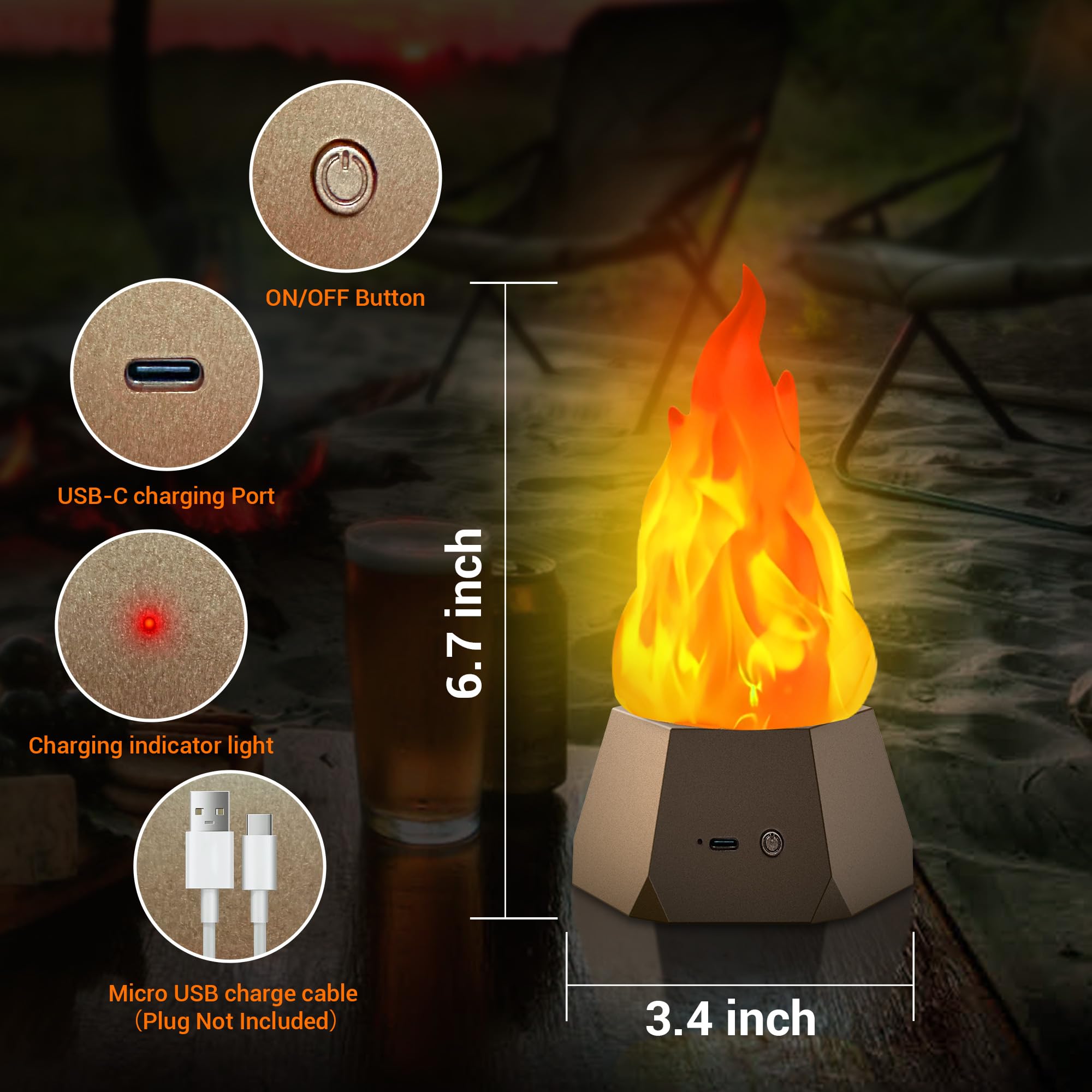 Ollcuz Fake Fire Lamp, USB Rechargeable Flameless Flickering Flame, 3-Mode LED Flame Light for Outdoor Camping Holiday Halloween Christmas Thanksgiving Table Yard Decorations