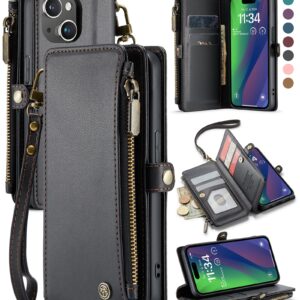 Defencase for iPhone 15 Case,【RFID Blocking】 for iPhone 15 Wallet Case for Women Men with Credit Card Holder Slots Zipper Pocket Book Flip PU Leather Protective Cover for iPhone 15 Phone Case, Black