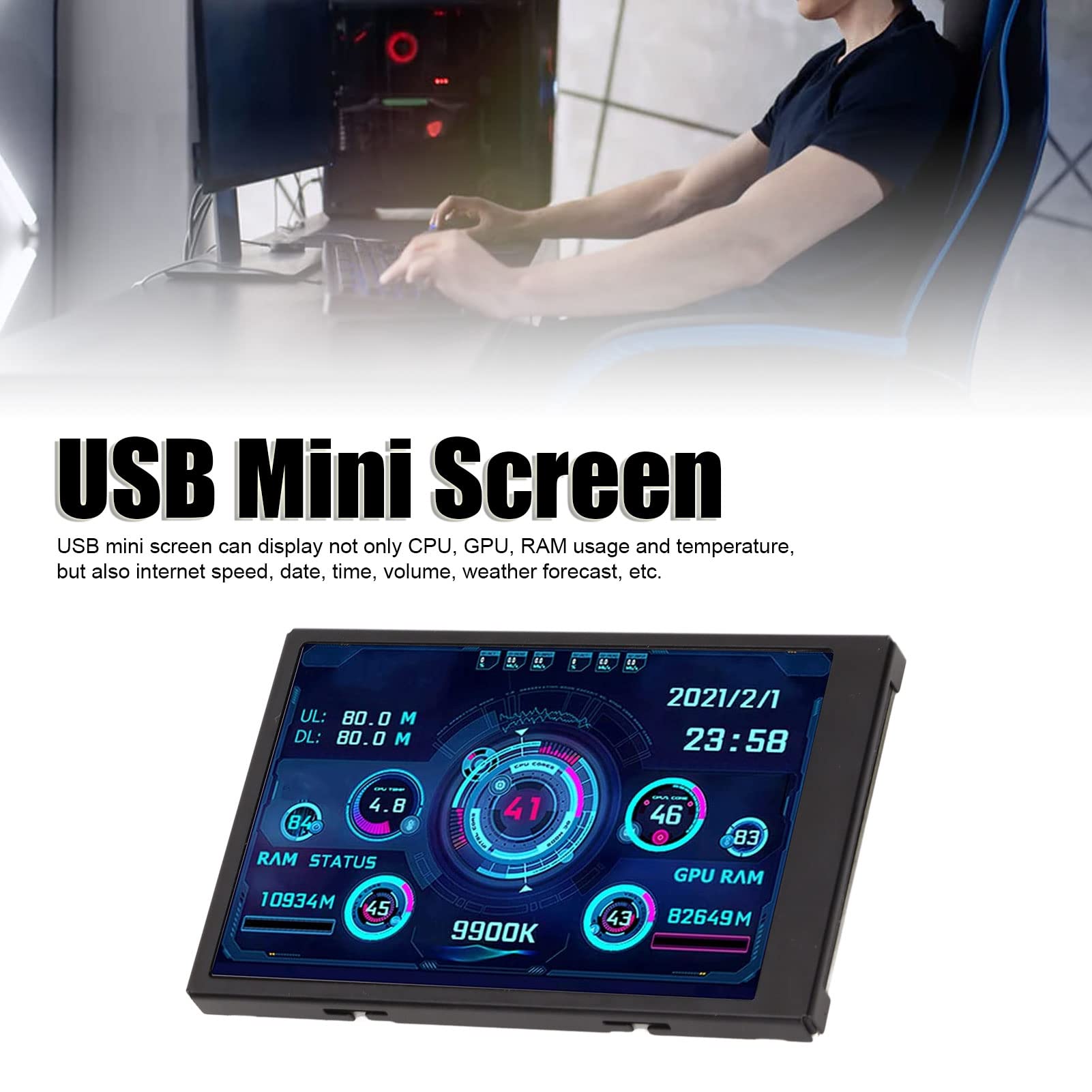 SUNGOOYUE 3.5 Inch IPS USB Mini Screen,CPU HDD Data Monitor Temperature Display,360 Degree Rotation Type C Sub Screen for Computer Case