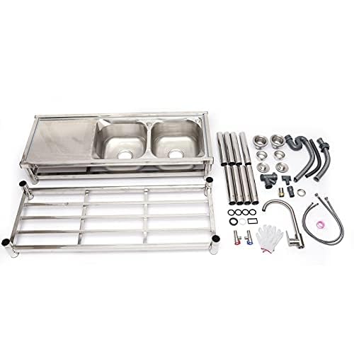 Commercial Kitchen Sink Catering Sink Commercial Stainless Steel Kitchen 2 Bowl Drainer Commercial Kitchen Prep & Free Standing Utility Sink for Garage, Restaurant, Kitchen