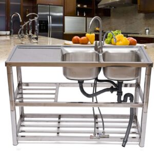 Commercial Kitchen Sink Catering Sink Commercial Stainless Steel Kitchen 2 Bowl Drainer Commercial Kitchen Prep & Free Standing Utility Sink for Garage, Restaurant, Kitchen