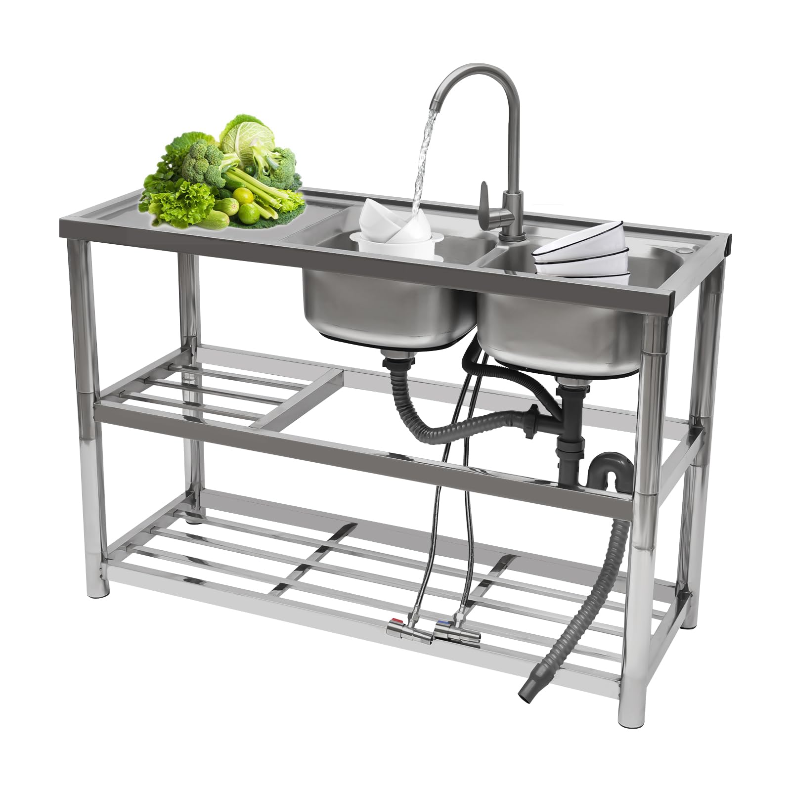 Commercial Kitchen Sink Catering Sink Commercial Stainless Steel Kitchen 2 Bowl Drainer Commercial Kitchen Prep & Free Standing Utility Sink for Garage, Restaurant, Kitchen