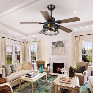 Dannilong Farmhouse Ceiling Fan with Light and Remote 42" Rustic Flush Mount Ceiling Fans 5 Dual Finish Blades Carnegie Industrial Fandelier for Living room Bedroom Patio E26