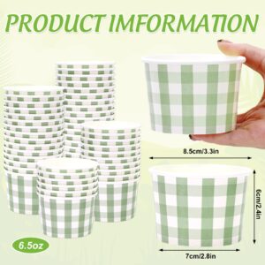 Whaline 50Pcs Disposable Paper Cups Sage Green Plaid Treat Snack Bowls 6.5oz Paper Cups Ice Cream Bowl for Wedding Birthday Bride Shower Party Supplies Table Decorations