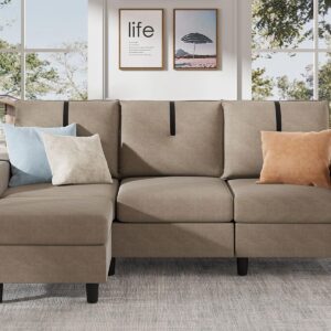 Tornama 80" L Shaped Sectional Sofas, 3 Seater Couch with Reversible Ottoman and Side Storage Pocket, Modern Linen Fabric Small Sectional Couch for Living Room, Apartment, Small Space, Beige