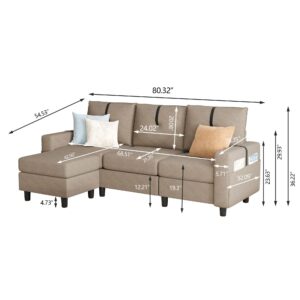 Tornama 80" L Shaped Sectional Sofas, 3 Seater Couch with Reversible Ottoman and Side Storage Pocket, Modern Linen Fabric Small Sectional Couch for Living Room, Apartment, Small Space, Beige