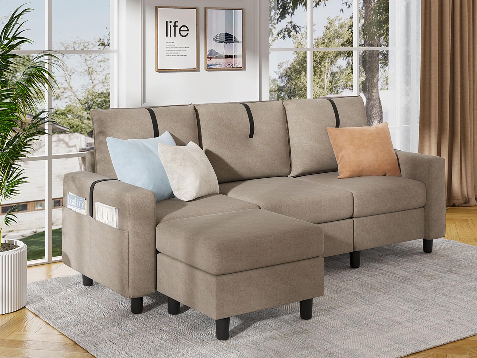 Tornama 80" L Shaped Sectional Sofas, 3 Seater Couch with Reversible Ottoman and Side Storage Pocket, Modern Linen Fabric Small Sectional Couch for Living Room, Apartment, Small Space, Beige