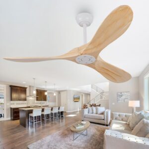 ceversa 52 inch solid wood ceiling fan no light remote control,outdoor curved real wood ceiling fan without light 3 blades natural wood craftmade quiet for patio farmhouse living room bedroom office