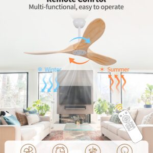 Ceversa 52 Inch Solid Wood Ceiling Fan No Light Remote Control,Outdoor Curved Real Wood Ceiling Fan Without Light 3 Blades Natural Wood Craftmade Quiet for Patio Farmhouse Living Room Bedroom Office