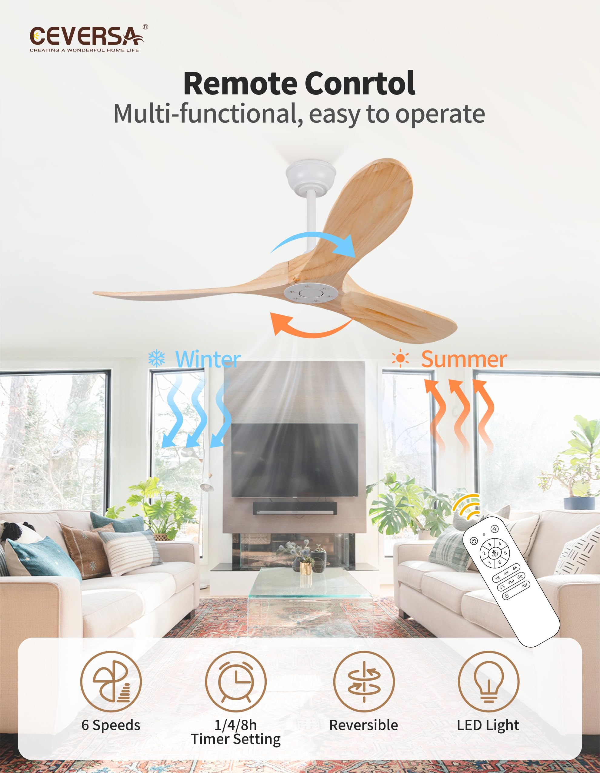 Ceversa 52 Inch Solid Wood Ceiling Fan No Light Remote Control,Outdoor Curved Real Wood Ceiling Fan Without Light 3 Blades Natural Wood Craftmade Quiet for Patio Farmhouse Living Room Bedroom Office