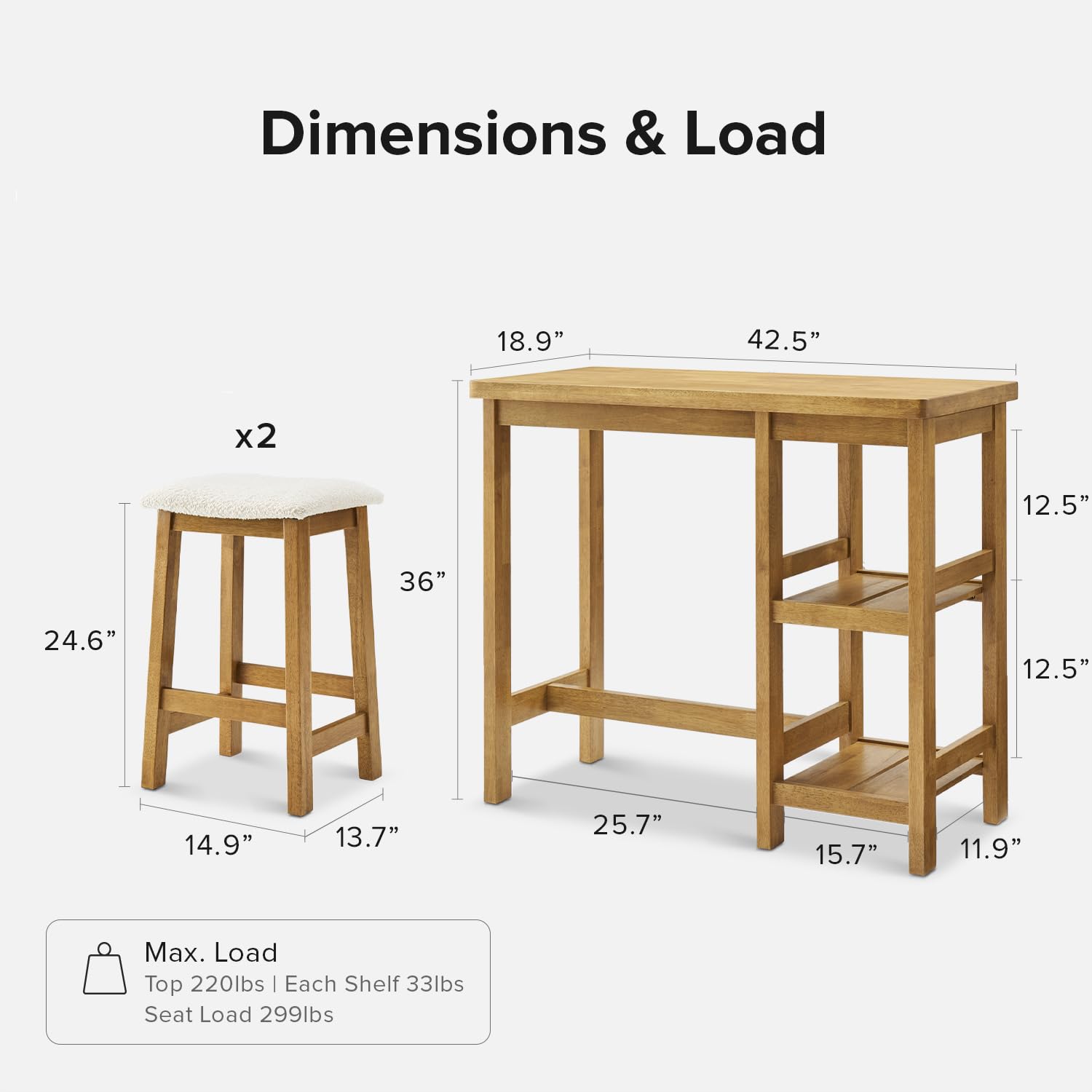 mopio Kelly Solid Wood Counter Table Set with 2 Boucle Stools, 3-Piece Dining Table Set for 2, Small Kitchen Island Table with Storage Shelves, for Living Room, Dining Room, Kitchen