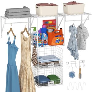 threehio 3 pack laundry room shelves wall mounted with wire storage baskets, over washer and dryer shelves with hanging rods and hooks, wire wall shelves baskets for laundry organization and storage