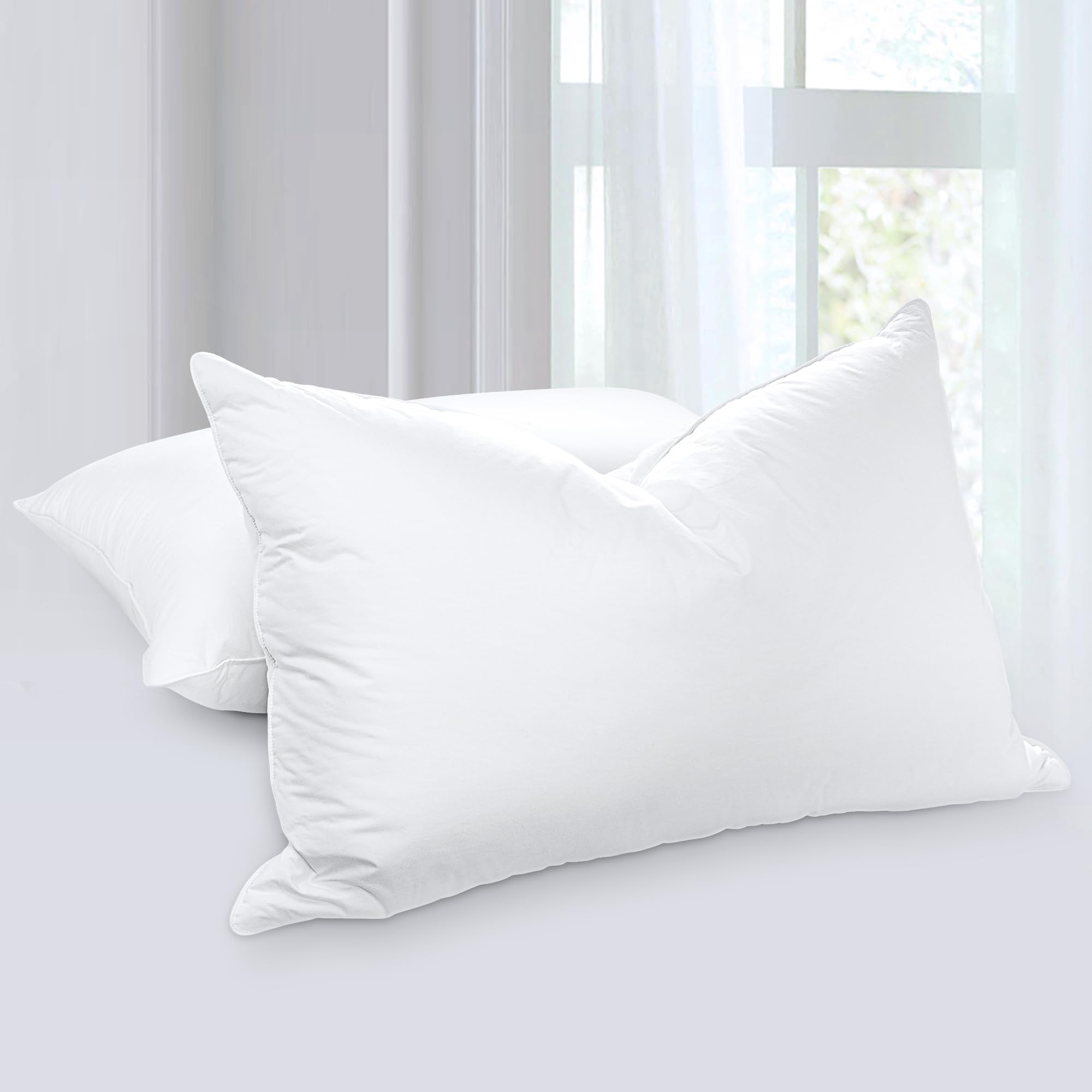 Zibroges ZB-DP01 Goose Feather Bed Sleeping, Hotel Down Pillows Queen Size, White Soft Cotton Cover, Fluffy Support Surround Fill Polyester for Back Side Stomach Sleeper 2 Count