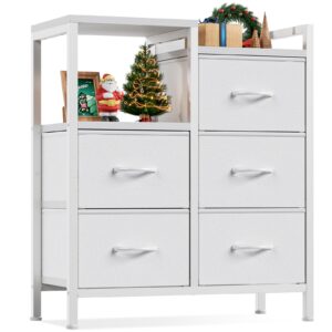 furnulem white dresser for bedroom, small nightstand with 2-tier open shelf and 5 fabric drawers, storage unit organizer tower furniture for living room, hallway, dorm, closets(white)