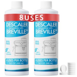 8 uses breville compatible descaling solution, 2 years descaler kit come with 8 cleaning tablets, maintenance kit specially designed to clean breville machines (4 use each bottle, 2 bottles)