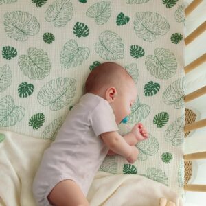 Muslin Crib Sheets, Cotton Neutral Crib Sheet for Baby Girls and Boys, Fitted for Standard Crib Mattress & Toddler Bed Mattress (52"x28"), Soft and Breathable, 2 Pack(Monstera&Dark Green)