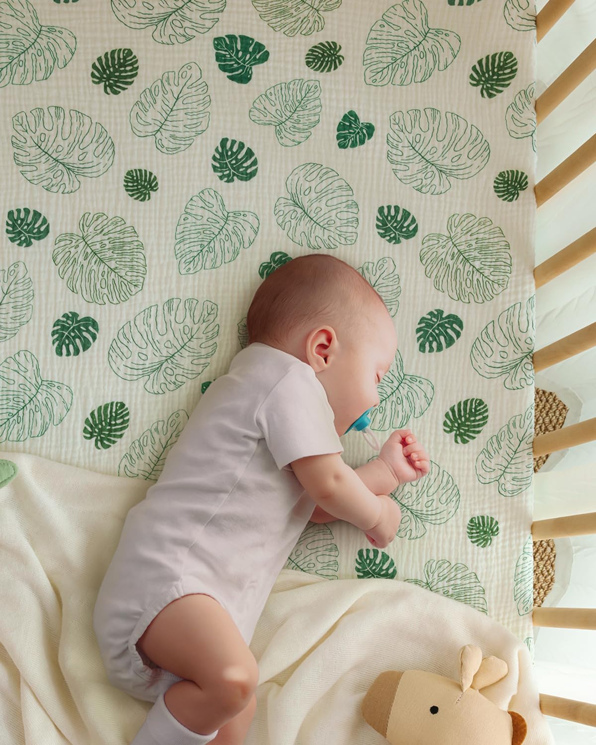 Muslin Crib Sheets, Cotton Neutral Crib Sheet for Baby Girls and Boys, Fitted for Standard Crib Mattress & Toddler Bed Mattress (52"x28"), Soft and Breathable, 2 Pack(Monstera&Dark Green)