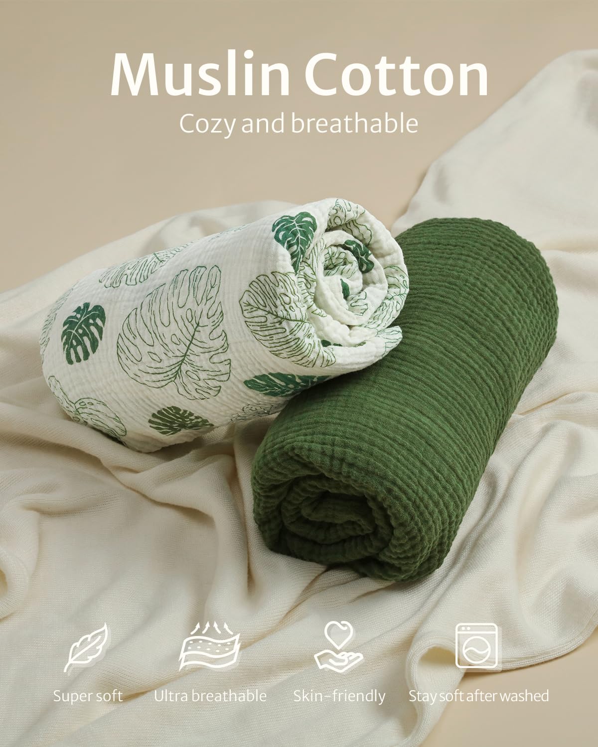 Muslin Crib Sheets, Cotton Neutral Crib Sheet for Baby Girls and Boys, Fitted for Standard Crib Mattress & Toddler Bed Mattress (52"x28"), Soft and Breathable, 2 Pack(Monstera&Dark Green)