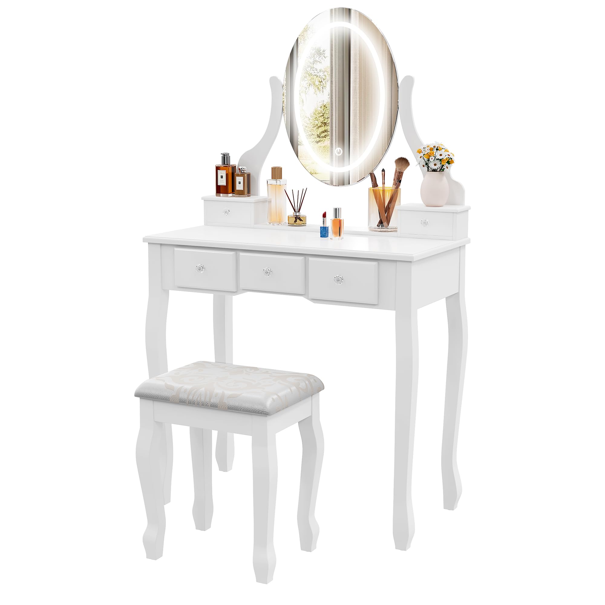 Lumelay Vanity Desk with Mirror and Lights, Makeup Vanity Table and Cushioned Stool Set with 5 Drawers, 3 Color Lighting Modes Brightness Adjustable, Bedroom Dressing Table for Women Girls, White