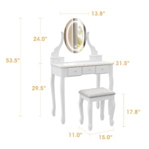 Lumelay Vanity Desk with Mirror and Lights, Makeup Vanity Table and Cushioned Stool Set with 5 Drawers, 3 Color Lighting Modes Brightness Adjustable, Bedroom Dressing Table for Women Girls, White