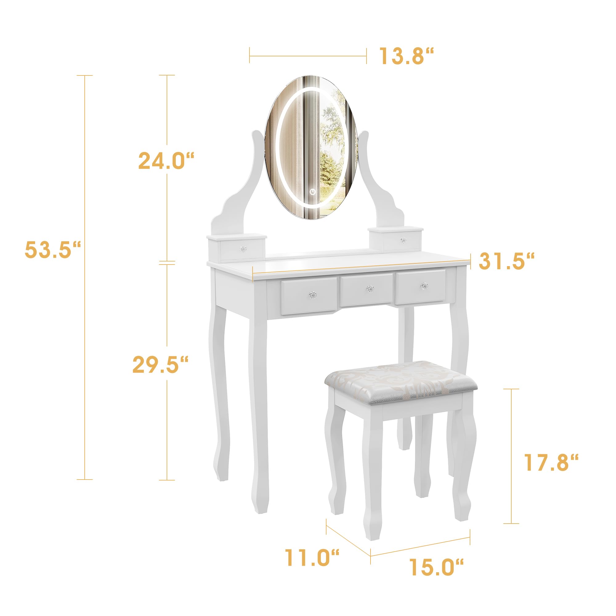 Lumelay Vanity Desk with Mirror and Lights, Makeup Vanity Table and Cushioned Stool Set with 5 Drawers, 3 Color Lighting Modes Brightness Adjustable, Bedroom Dressing Table for Women Girls, White