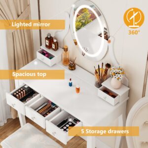 Lumelay Vanity Desk with Mirror and Lights, Makeup Vanity Table and Cushioned Stool Set with 5 Drawers, 3 Color Lighting Modes Brightness Adjustable, Bedroom Dressing Table for Women Girls, White