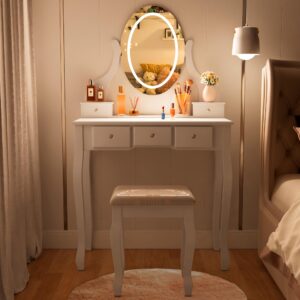 Lumelay Vanity Desk with Mirror and Lights, Makeup Vanity Table and Cushioned Stool Set with 5 Drawers, 3 Color Lighting Modes Brightness Adjustable, Bedroom Dressing Table for Women Girls, White