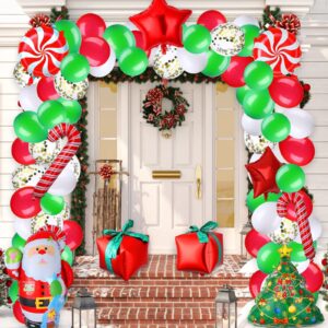 christmas balloon garland arch kit, 144 piece set with red and white candy balloons, gift box balloons, and red star balloons for xmas party decorations