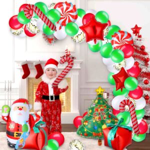 Christmas Balloon Garland Arch Kit, 144 Piece Set with Red and White Candy Balloons, Gift Box Balloons, and Red Star Balloons for Xmas Party Decorations