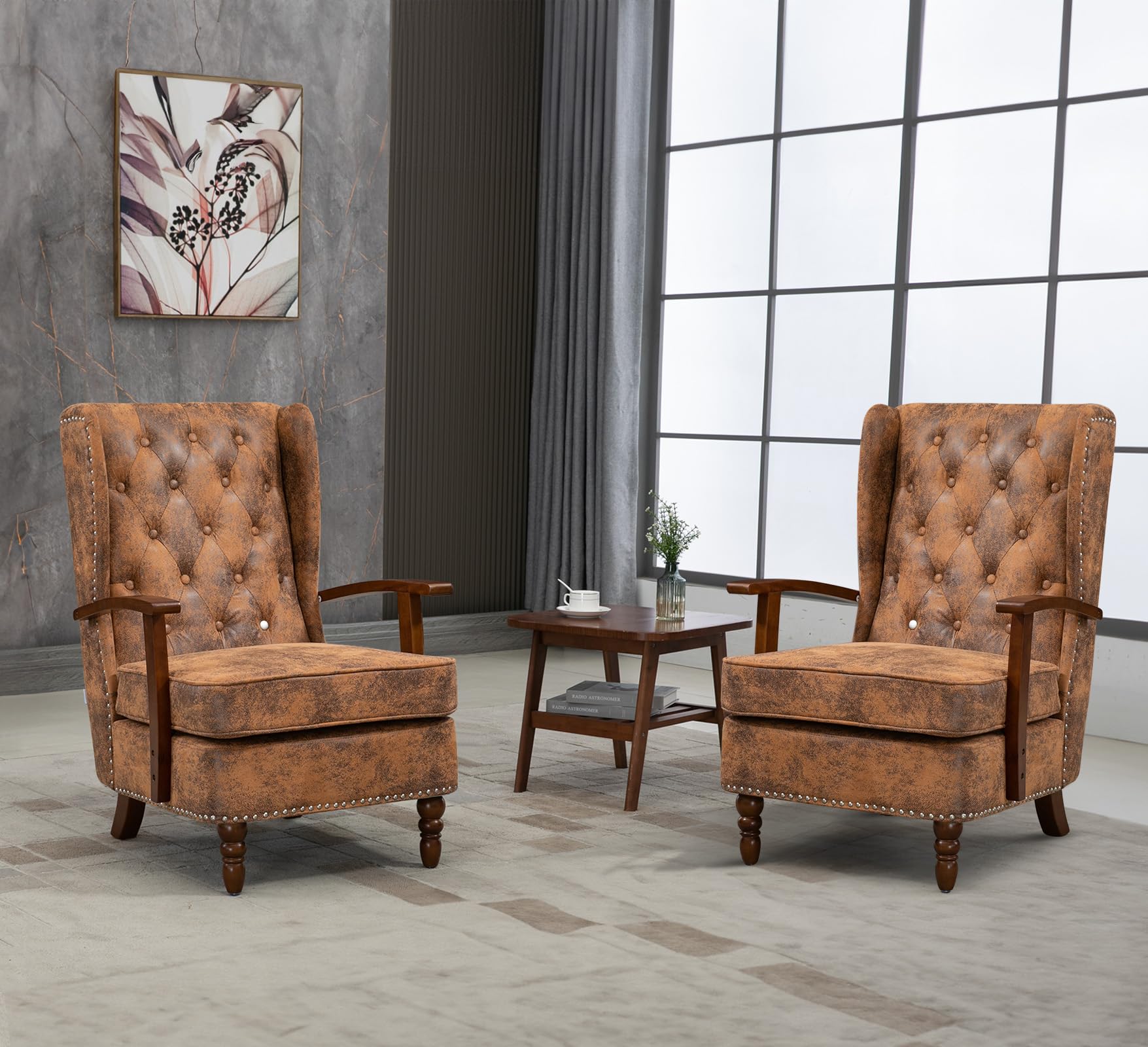 Mid Century Accent Chair Set of 2, Modern Wingback Comfy Armchair with Tufted Back and Nailhead Trim, Upholstered Sofa Arm Chair for Living Room, Bedroom, Office, Reading Room, Lounge, Coffee