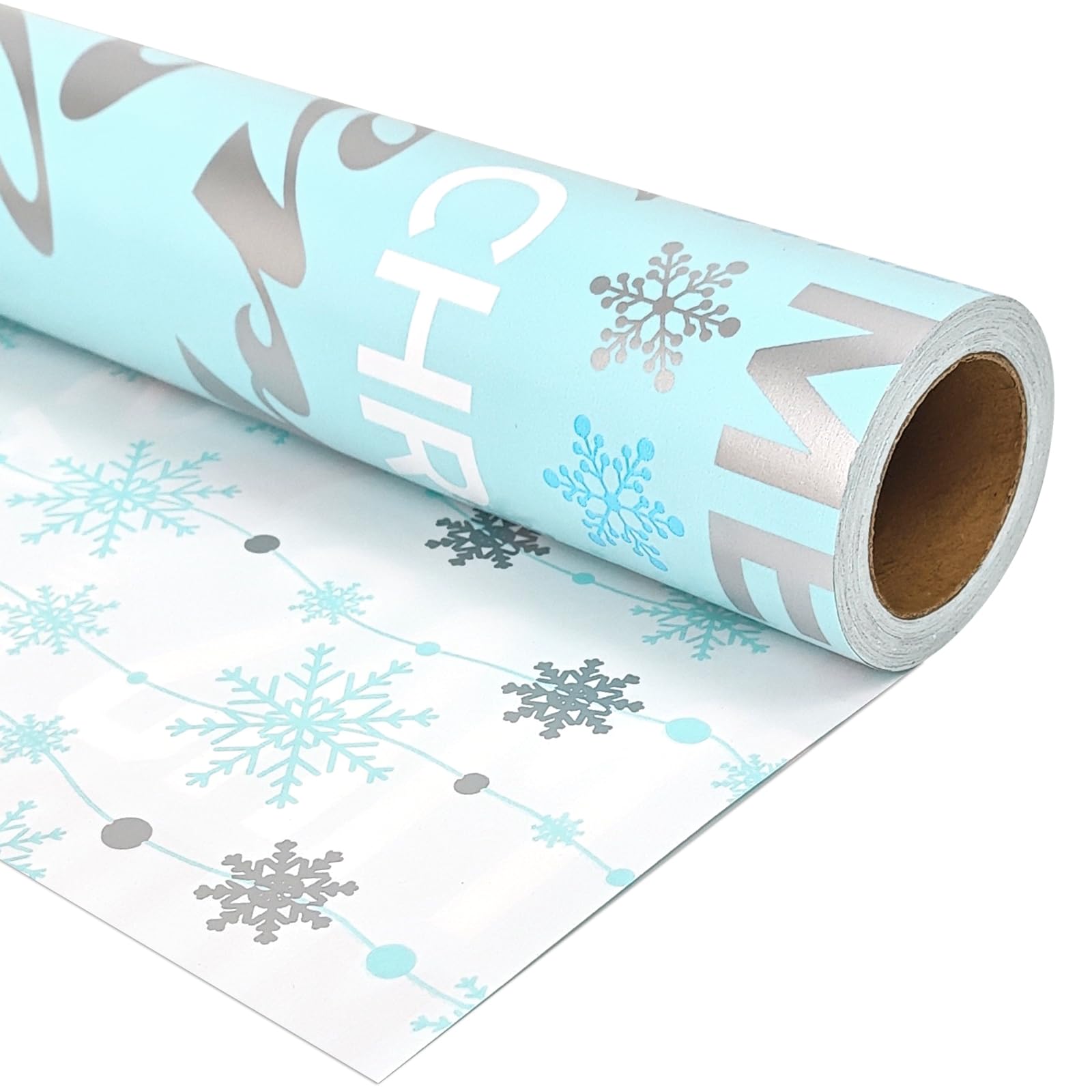 LDGOOAEL Mini Short Small Wrapping Paper Roll - Reversible Design (17" X 120") - Blue Merry Christmas Lettering & Snowflakes